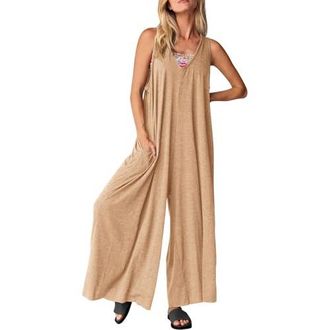 Generic Salopette &agrave; bretelles sans manches pour femme Coupe ample - Salopette d&eacute;contract&eacute;e l&eacute;g&egrave;re pour femme - Combinaison ample &agrave; col en V - Combinaison sans