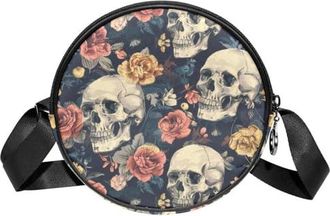 Generic Petit sac &agrave; bandouli&egrave;re circulaire pour femme, motif cr&acirc;nes, petit sac &agrave; dos &agrave; bandouli&egrave;re avec fermeture &eacute;clair, bretelles r&eacute;glables, sac &agrave; main rond