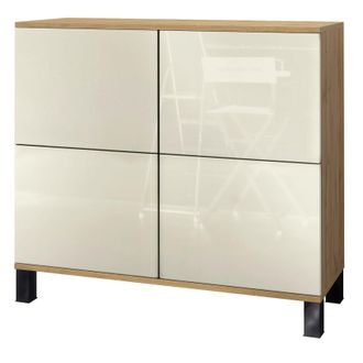 Vladon Kommode Rova V3, Moderner Küchenschrank mit 4 Push-to-Open Türen Eiche Evoke/Creme Hochglanz (92,5 x 84.5 x 35)