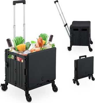 Relaxdays Einkaufstrolley, klappbar, Einkaufskorb mit Lenkrollen, Deckel & Teleskopgriff, bis 35 kg, Rollkiste, schwarz