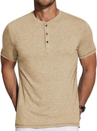 Coofandy Henley Shirt Hommes Henley T-Shirt dété T-Shirt à Manches Courtes avec Patte de Boutonnage Décontracté Basique Kaki Clair XXL