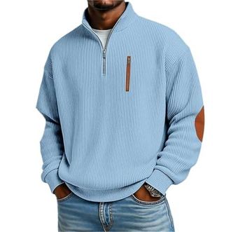 Generic Sweatshirts pour hommes à manches longues rayures chemises quart de fermeture éclair lâche pull tops sweatshirts texturés, bleu ciel, 3XL