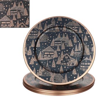 MamboCat 6er Set Platzteller Chalet schwarz I &Oslash; 33 cm I Leichter Dekoteller mit winterlichen H&auml;usern in Kupfer aus Metall I Platzset f&uuml;r 6 Personen I f&uuml;r Weihn