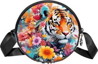 Generic Petit sac &agrave; bandouli&egrave;re rond pour femme, motif fleurs de tigre, sac &agrave; dos &agrave; bandouli&egrave;re r&eacute;glable avec fermeture &eacute;clair, sac &agrave; main rond d&eacute;contract&eacute; po