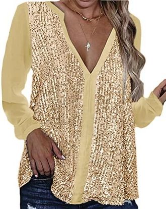 Minetom Femmes T-Shirt Manches Longues Col V Chemisier Haut Lâche Oversize Blouse Paillettes Brillantes Tops B Champagne XXL