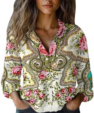 Generico Chemise Femme d&Eacute;t&eacute; D&eacute;contract&eacute; &agrave; Manches Longues Chemises Coton Et Lin &Eacute;l&eacute;gant Respirant Blouse Col en V L&eacute;ger T Shirt Vintage Imprim&eacute; avec Boutons Mo