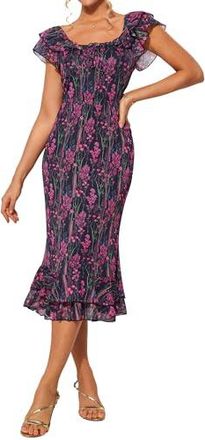 Grace Karin Robe dété décontractée à manches volantées et col en U pour femme - Robe de plage florale, Fleurs pourpre foncé rose rouge, M