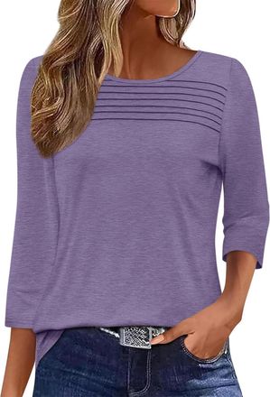 Onsoyours Shirt Damen 3/4 Arm Falten Rundhals Tshirt Leichte Pullover Sommer Herbst Oberteile Casual Tops Basic Shirt A Lila XXL