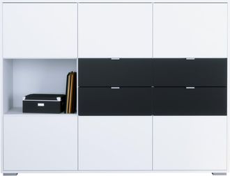 Vladon Highboard Milano V2, Sideboard mit 6 Türen Weiß matt und 4 Schubladen Schwarz matt, Made in Germany, Korpus Weiß matt (152,5 x 118x 37 cm)