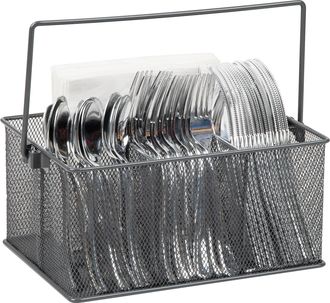 Mind Reader Network Collection, 4-Compartment Utensil or Supply Caddy with Handle, Countertop or Desktop Organizer, Metal Mesh, 10 L x 7 W x 4.75 H, Gray