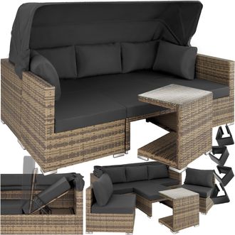 TecTake Rattan Sonneninsel Sitzgruppe, Lounge Möbel Set inkl. Sofa mit Sonnendach, Hocker, Sesseln und Tisch, Outdoor Gartenmöbel, Loungemöbel Balkon und Gart