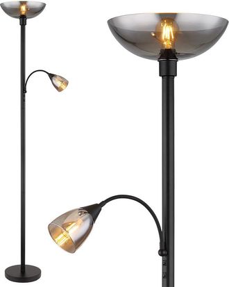 Globo Lighting Stehleuchte Deckenfluter Standlampe Leseleuchte Schlafzimmerleuchte Wohnzimmerlampe, Metall schwarz Glas rauchfarben, getrennt schaltbar Lesespot schw