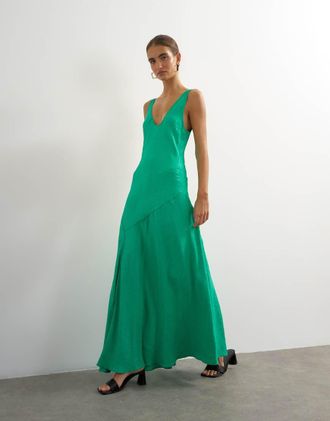 Topshop robe longue en satin jacquard &agrave; taille basse et col rond plongeant verte-Pas de couleur
