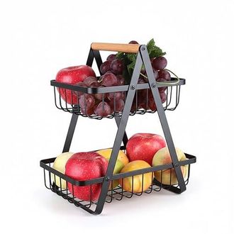 Relaxdays Obst Etagere, 2-st&ouml;ckig, Metall, Holzgriff, HxBxT: 34 x 26 x 17 cm, Obst & Gem&uuml;se, eckige Obstschale, schwarz