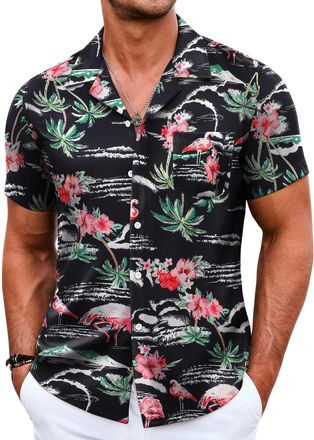 Coofandy Sommerhemd Herren Kurzarm Hawaii Hemd M&auml;nner Kurzarmhemd Blumen Shirt Urlaub Party Strand Hemd mit Brusttasche Schwarz Flamingo 3XL