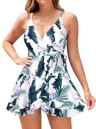 SHEKINI Maillot de bain une pièce pour femme - Col en V - Dos croisé - Robe de natation - Bandoulière réglable - Ourlet à volants élégant - Robe de bain pour 