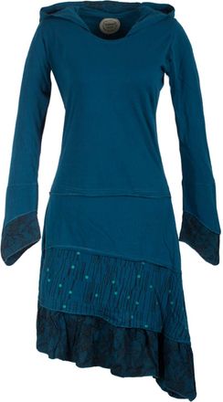 vishes Alternative Bekleidung - Lagenlook Langarm Patchwork Elfenkleid mit Zipfelkapuze und R&uuml;schen t&uuml;rkis 34-36