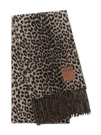 Ganni leopard fringed scarf - Tons neutres