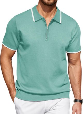 Coofandy Herren-Poloshirt mit Rei&szlig;verschluss, l&auml;ssig, gestrickt, kurz&auml;rmelig, Klassische Passform, T&uuml;rkis/Ausflug, einfarbig (Getaway Solids), Mittel