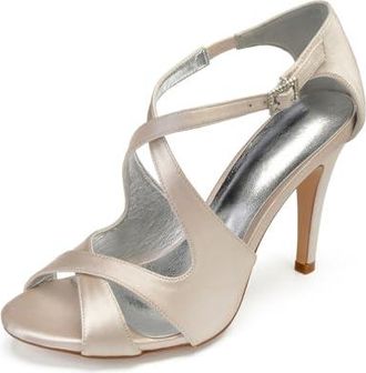 Generic Escarpins Femme Bout Ouvert Mari&eacute;e Btide Cheville Boucle Satin Stylet Sandales Chaussures De Mariee Bal Dress F&ecirc;te 10.5Cm,Champagne,40 EU
