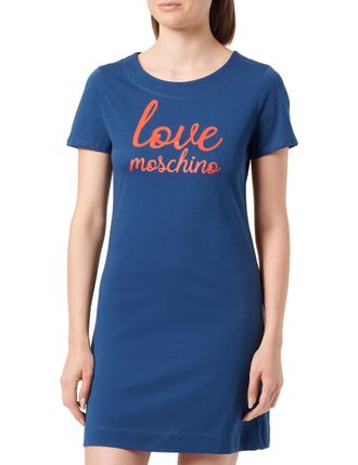 Love Moschino Short-Sleeved A-line Dress in 30/1 Organic Cotton Jersey, Customized with Italics Logo Embroidery on Front
