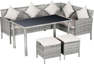 OUTSUNNY Salon de jardin 6 pers. grand confort canap&eacute; dangle + 2 poufs + table &agrave; manger 9 coussins assise & dossier fournis r&eacute;sine tress&eacute;e grise
