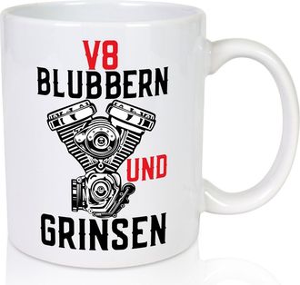 Generic Blubbern und Grinsen | V8 | Motor | Hubraum | Autofan - Tasse Weiss - Kaffeetasse/Geschenk/Familie