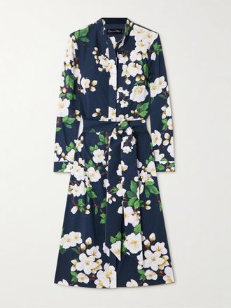 Oscar De La Renta Midi-hemdblusenkleid Aus Popeline Aus Einer Baumwollmischung Mit Blumenprint Und Bindeg&uuml;rtel - Blau