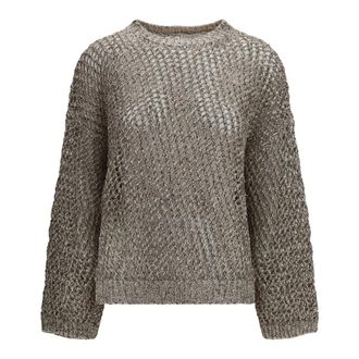 Brunello Cucinelli Dazzling Chin&eacute; Strickpullover aus Seide und Leinen mit Lochmuster - - Knitwear - Damen - Grau - S