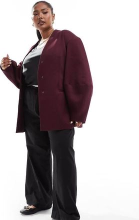 Asos Curve - Kragenloser Blazer in Burgunderrot mit Cocoon-Ärmeln-Lila