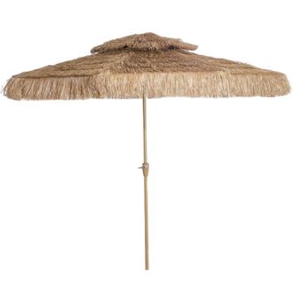 OUTSUNNY Parasol droit style Hawa&iuml;en - parasol &agrave; franges raphia diam&egrave;tre 294 cm - manivelle m&eacute;tal marron clair