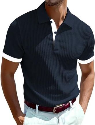 Generic DENGJIAMY Polo en tricot pour homme tendance &agrave; col montant T-shirt &agrave; manches courtes d&eacute;contract&eacute; pour affaires de golf pour homme Patchwork d&eacute;t&eacute;, bleu