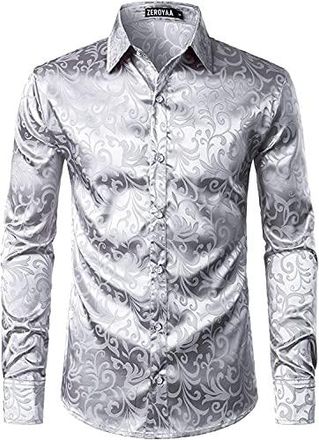 PARKLEES Chemise de luxe à manches longues en jacquard pour homme, coupe ajustée, en satin imitation soie, imprimé floral, chemises pour mariage, bal, Argenté.