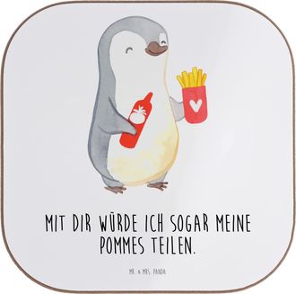 Mr. & Mrs. Panda Holzuntersetzer Pinguin Pommes - Geschenk, für Partner, Mitbringsel, Freundin, gläseruntersetzer, Coaster, Valentinstag, Untersetzer Tasse, Glas, Hoch