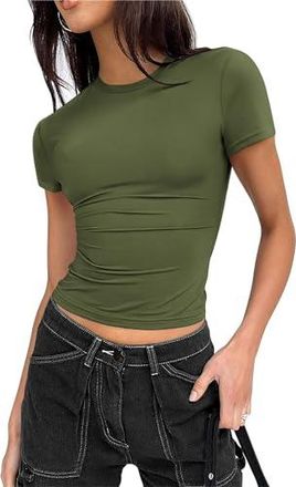 Zeagoo Basique Haut Femme Classique Manches Courtes Y2K Top Couleur Unie Moulante T-Shirt Col Rond Tee Shirt Vert Armée XS