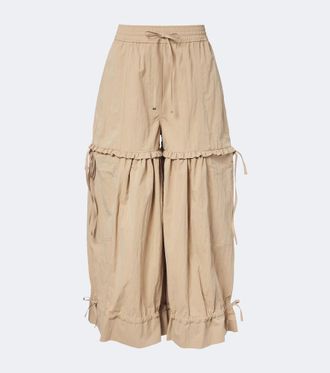 Ganni Pantalon ample en coton m&eacute;lang&eacute; &agrave; volants