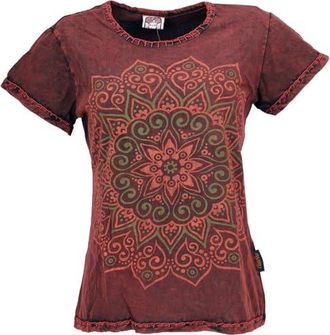 Guru Shop T-shirt imprimé mandala délavé pour femme en coton, rouge, 42