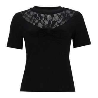 Nina Ricci Jersey T-Shirt mit Schleifendetail & Spitzeneins&auml;tzen - - Tops - Damen - Schwarzk - M
