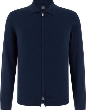 Boggi Milano Homme, Pulls, Bleu, Taille: 3XL Cotton Full Zip Shirt Collar Sweater 14Gg