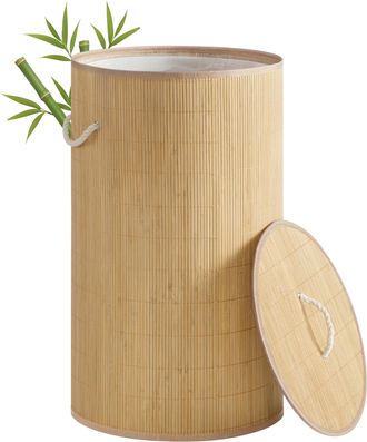 Songmics Wäschekorb mit Deckel, 90 L, Wäschesammler Bambus, rund, Wäschebox mit Griffen, faltbar, Wäschesack herausnehmbar maschinenwaschbar, naturfarben LCB07
