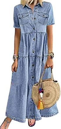 ORANDESIGNE Robe Été Femme De Plage Rétro Denim Robes Col V Casual Tuniques Ample Chemise Longue Chemisier en Jean Maxi Robe Casual B Bleu Clair 40