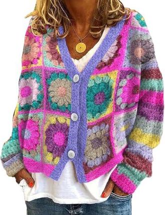 Onsoyours Gilets Femme en Tricot Imprimé Veste Courte Casual Cardigan Coupe Ample À Manches Longues Gilet Chaud avec Boutons Sweater Manteau Outwear Haut Top Ch