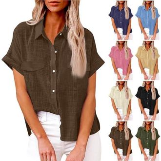 Generic Chemise en lin pour femme boutonn&eacute;e d&eacute;contract&eacute;e col en V manches courtes chemises amples surdimensionn&eacute;es en coton m&eacute;lang&eacute; haut tendance chemisier, m