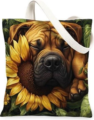 Generic Sac fourre-tout en toile motif chien mastiff printanier 33 x 38,1 cm, motif tournesol, feuille de tournesol, chiot r&eacute;utilisable, sac d&eacute;picerie pour fe