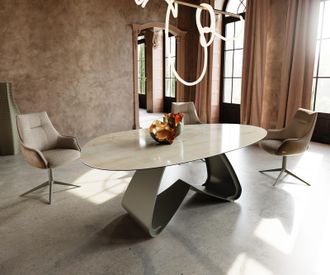 DELIFE Esstisch Edge Oval 220x120 Keramik Iris FMG Onice Oro W-Gestell Metall Effektfinish Titan, Esstische