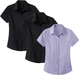 Generic Lot de 3 chemisiers &agrave; manches courtes pour femme - D&eacute;contract&eacute; - Coupe droite - Col en V - Boutonn&eacute; - Couleur unie - D&eacute;contract&eacute; - Basique - Chemise d