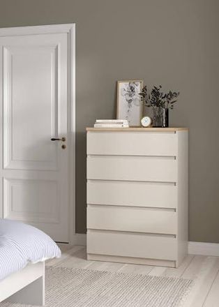Dmora Kommode Piccilli, Multifunktioneller Schrank mit 5 Schubladen, Elegante Kommode f&uuml;r das Schlafzimmer, 77x50 h111 cm, Beige