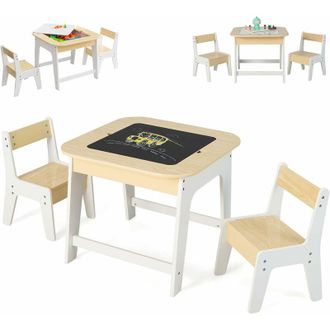 Costway Costway - 3 en 1 Table et 2 Chaises en Bois Enfants avec Plateau Double Face, Table dActivit&eacute;s Polyvalente avec Espace de Rangement Cach&eacute;, Charge