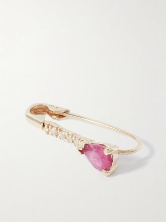 Loren Stewart Mini Gemstone Safety Pin Einzelner Ohrring Aus Gold Mit Rubin Und Diamanten - Rot