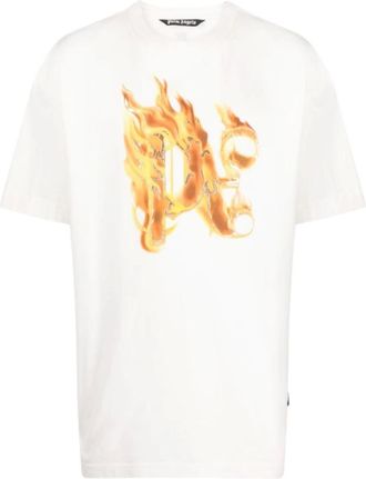 Palm Angels Homme, Tops, Blanc, Taille: S Burning Monogram Tee